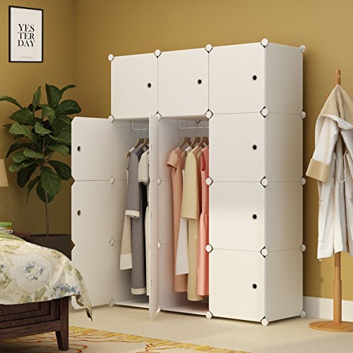 KOUSI Portable Wardrobe Closets 14"x18" Depth Cube Storage, Bedroom Armoire, Storage Organizer with Doors, 12 Cube, White