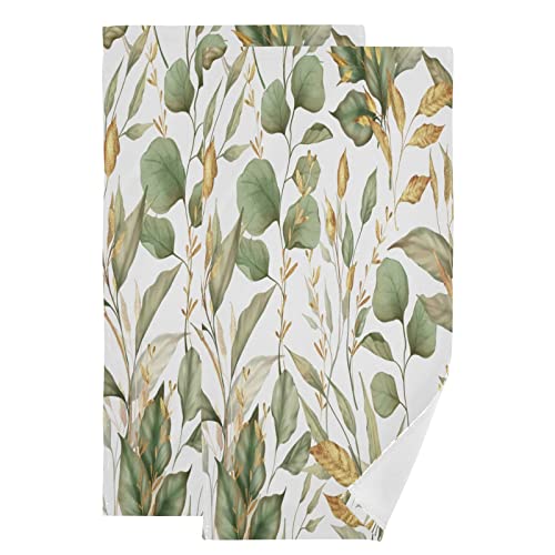 Kigai Green Gold Leaves Hand Towels Set of 2, Highly Absorbent Soft Towel Decorative Hand Towel for Kitchen and Bathroom 14x28 Inch