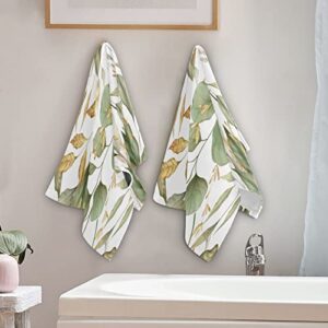 Kigai Green Gold Leaves Hand Towels Set of 2, Highly Absorbent Soft Towel Decorative Hand Towel for Kitchen and Bathroom 14x28 Inch