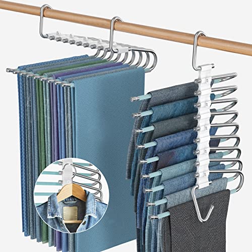 Hoibampu 2 Pcs Upgrade 9 Layers Pants Hangers Space Saving - Hangers for Clothes Hanger Organizer - Jean Hangers Pants Rack Scarf Hanger Closet Space Saving Scarf Organizer