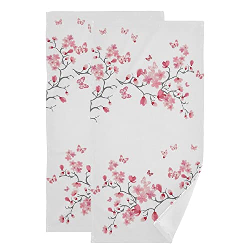 Cherry Blossom Hand Towel Set of 2 Absorbent Pink Butterfly Floral Bath Towels Soft Cherry Blossoms Flower Fingertip Face Towel for Bathroom Kitchen Hotel Spa Decor Gift 28.3x14.4 Inch