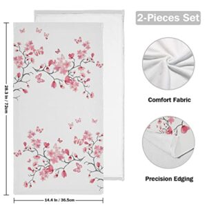 Cherry Blossom Hand Towel Set of 2 Absorbent Pink Butterfly Floral Bath Towels Soft Cherry Blossoms Flower Fingertip Face Towel for Bathroom Kitchen Hotel Spa Decor Gift 28.3x14.4 Inch