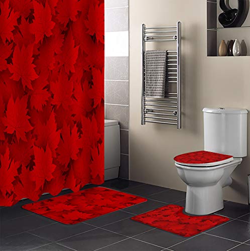 4 Pcs Shower Curtain Set with 12 Hooks Canada National Day Red Maple Leaves Bathroom Sets with Non-Slip Bath Mat Toilet Lid Cover Waterproof Durable Shower Curtain and Rugs