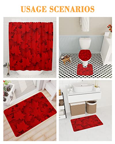 4 Pcs Shower Curtain Set with 12 Hooks Canada National Day Red Maple Leaves Bathroom Sets with Non-Slip Bath Mat Toilet Lid Cover Waterproof Durable Shower Curtain and Rugs