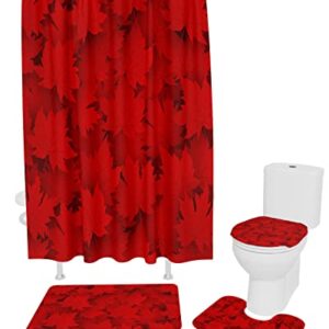 4 Pcs Shower Curtain Set with 12 Hooks Canada National Day Red Maple Leaves Bathroom Sets with Non-Slip Bath Mat Toilet Lid Cover Waterproof Durable Shower Curtain and Rugs