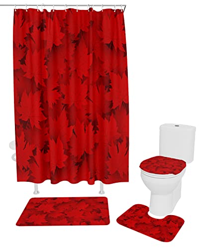 4 Pcs Shower Curtain Set with 12 Hooks Canada National Day Red Maple Leaves Bathroom Sets with Non-Slip Bath Mat Toilet Lid Cover Waterproof Durable Shower Curtain and Rugs