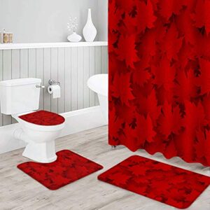 4 Pcs Shower Curtain Set with 12 Hooks Canada National Day Red Maple Leaves Bathroom Sets with Non-Slip Bath Mat Toilet Lid Cover Waterproof Durable Shower Curtain and Rugs