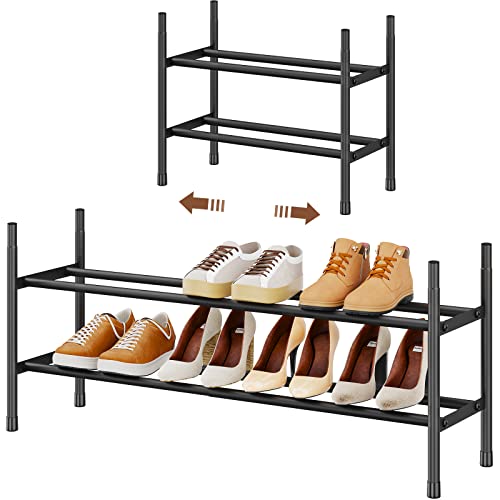 FANHAO 2-Tier Expandable Shoe Rack, Stackable and Adjustable Shoes Organizer Storage Shelf for Closet Entryway, 100% Stainless Steel Sturdy Shoe Shelf, Matte Black