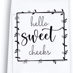 Peaces of Joy Hello Sweet Cheeks Funny Hand Towel Sayings for Bathroom, Rustic Cute Dish Kitchen Fingertip Towels for Home, Decorative Farmhouse Bath Sign Gifts