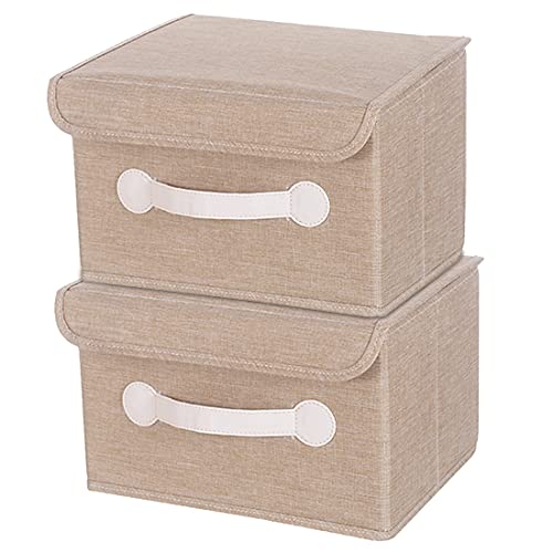 Pack of 2 Foldable Storage Boxes, Linen Imitation Fabric Sturdy Storage Box With Lid and Handle Washable, Storage Quilt, Clothes, Toys, Suitable for Home Bedroom Closet Office (10.4x7.9x6.3/2-Pack, Khaki)