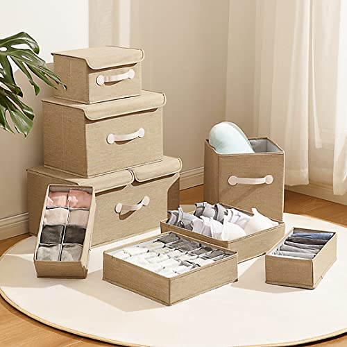 Pack of 2 Foldable Storage Boxes, Linen Imitation Fabric Sturdy Storage Box With Lid and Handle Washable, Storage Quilt, Clothes, Toys, Suitable for Home Bedroom Closet Office (10.4x7.9x6.3/2-Pack, Khaki)