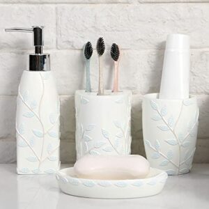 mygift 4-piece white resin bathroom accessories set with embossed powder blue leaf design includes lotion pump dispenser, tumbler, toothbrush holder and soap dish