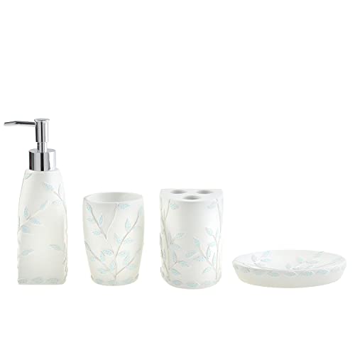 MyGift 4-Piece White Resin Bathroom Accessories Set with Embossed Powder Blue Leaf Design Includes Lotion Pump Dispenser, Tumbler, Toothbrush Holder and Soap Dish