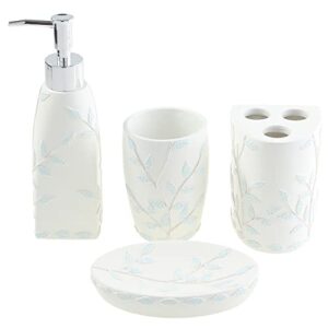 MyGift 4-Piece White Resin Bathroom Accessories Set with Embossed Powder Blue Leaf Design Includes Lotion Pump Dispenser, Tumbler, Toothbrush Holder and Soap Dish