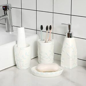 MyGift 4-Piece White Resin Bathroom Accessories Set with Embossed Powder Blue Leaf Design Includes Lotion Pump Dispenser, Tumbler, Toothbrush Holder and Soap Dish