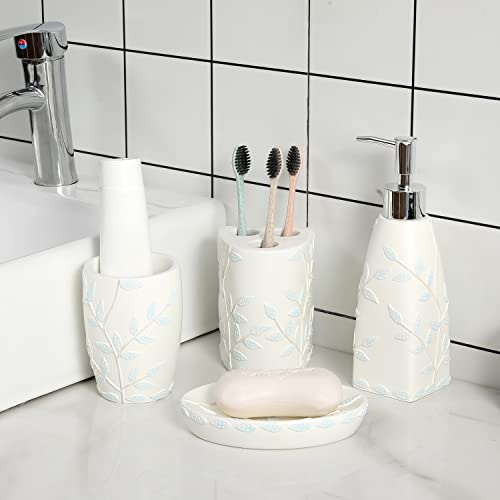 MyGift 4-Piece White Resin Bathroom Accessories Set with Embossed Powder Blue Leaf Design Includes Lotion Pump Dispenser, Tumbler, Toothbrush Holder and Soap Dish