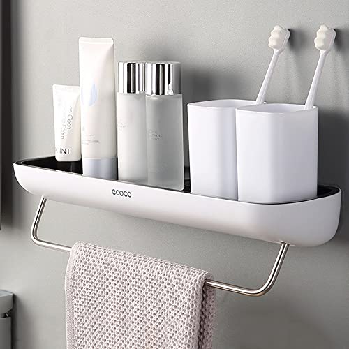 YOMEAN Bathroom Shower Caddy Stylish Shelf Design,Wall Mounted Organizer Basket With Towel Rail,Strong Self Adhesive Storage Rack for Toilet Kitchen,No Drilling (White/Black)