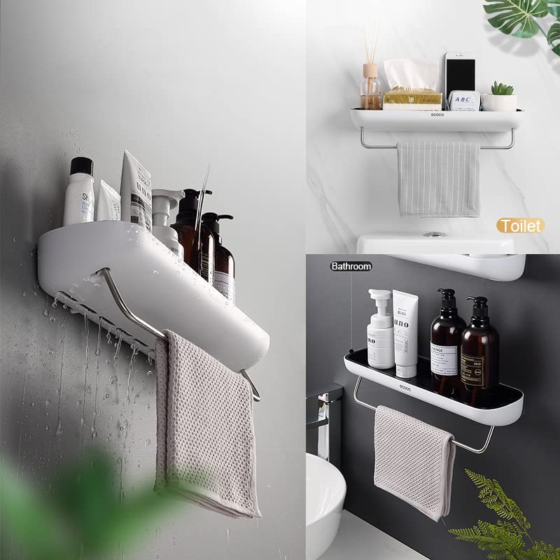 YOMEAN Bathroom Shower Caddy Stylish Shelf Design,Wall Mounted Organizer Basket With Towel Rail,Strong Self Adhesive Storage Rack for Toilet Kitchen,No Drilling (White/Black)