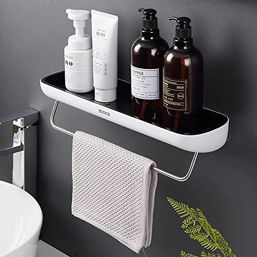 YOMEAN Bathroom Shower Caddy Stylish Shelf Design,Wall Mounted Organizer Basket With Towel Rail,Strong Self Adhesive Storage Rack for Toilet Kitchen,No Drilling (White/Black)