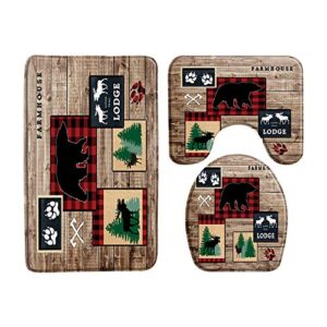 mnsc 3 piece bath rugs set,bear rustic moose buffalo plaid forest animal lodge cabin vintage wooden country toilet sets non slip bath mat, water absorbent u-shaped contour toilet mat, toilet lid cover