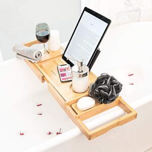 bath caddy tray for tub: bamboo bathtub tray caddy expandable with wine glass holder and book stand. luxury bubble bath accessories & spa decor. self care gifts for women, birthday gift for mom.