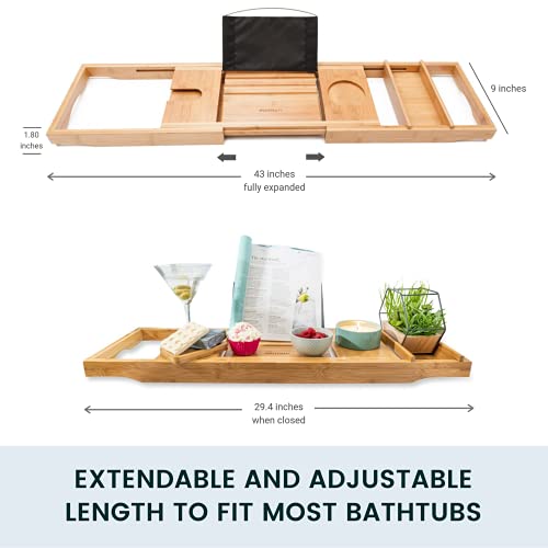 Bath Caddy Tray for Tub: Bamboo Bathtub Tray Caddy Expandable with Wine Glass Holder and Book Stand. Luxury Bubble Bath Accessories & Spa Decor. Self Care Gifts for Women, Birthday Gift for Mom.