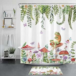 ECOTOB Rustic Mushroom Shower Curtain Sets with Bath Rugs Green Leaf and Flower Bathroom Accessories Set with Bath Mat Botanical Bath Curtain Set Shower Curtain for Bathroom Decor 72x72 Inch