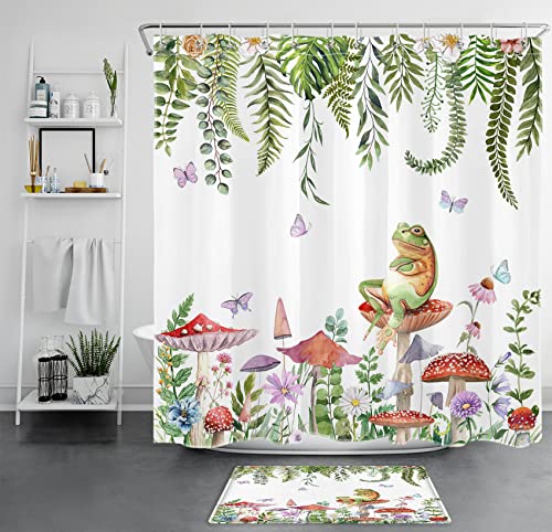 ECOTOB Rustic Mushroom Shower Curtain Sets with Bath Rugs Green Leaf and Flower Bathroom Accessories Set with Bath Mat Botanical Bath Curtain Set Shower Curtain for Bathroom Decor 72x72 Inch