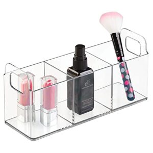 mDesign Plastic 3-Compartment Bathroom Organizer Storage Bin - Divided Makeup Caddy and Hair/Beauty Product Holder Tray - Perfect for Vanity, Counter, and Cabinet - Lumiere Collection, 2 Pack, Clear