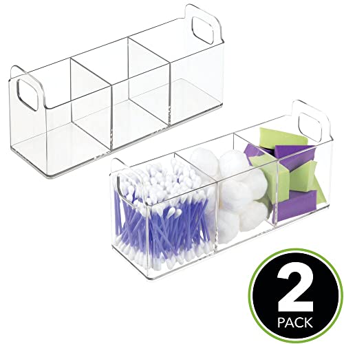 mDesign Plastic 3-Compartment Bathroom Organizer Storage Bin - Divided Makeup Caddy and Hair/Beauty Product Holder Tray - Perfect for Vanity, Counter, and Cabinet - Lumiere Collection, 2 Pack, Clear