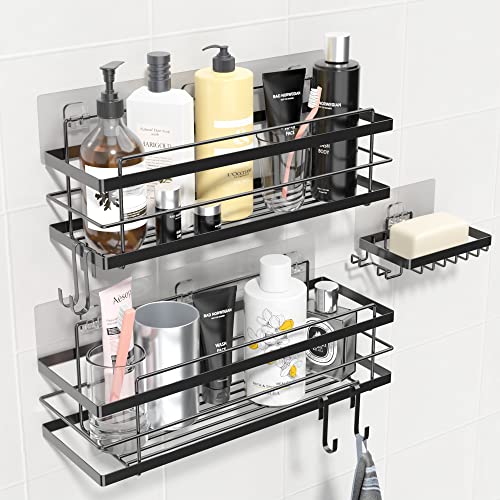 Gatlei 3-Pack Shower Caddy Basket Adhesive Bathroom Shower Organizer with Soap Holder Black Bathroom Caddy for Shower Storage Stainless Steel Shower Rack