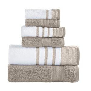 modern threads 6 piece set, 2 bath towels, 2 hand towels, 2 washcloths, quick dry white/contrast reinhart tan