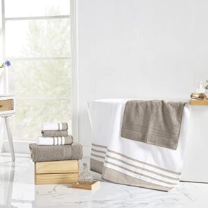 Modern Threads 6 Piece Set, 2 Bath Towels, 2 Hand Towels, 2 Washcloths, Quick Dry White/Contrast Reinhart Tan