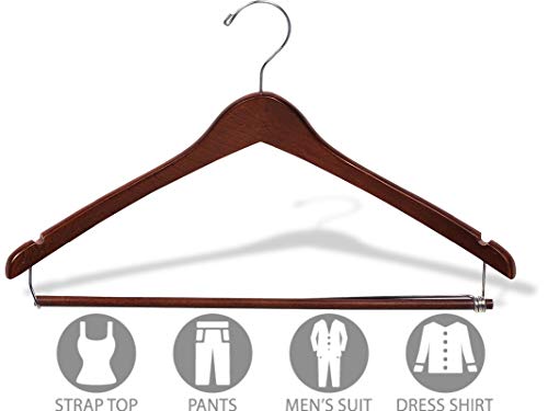 The Great American Hanger Company Curved Wood Suit Hanger w/Locking Bar, Box of 25 17 Inch Hangers w/Walnut Finish & Chrome Swivel Hook & Notches for Shirt Dress or Pants