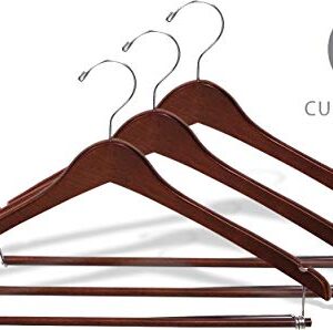 The Great American Hanger Company Curved Wood Suit Hanger w/Locking Bar, Box of 25 17 Inch Hangers w/Walnut Finish & Chrome Swivel Hook & Notches for Shirt Dress or Pants