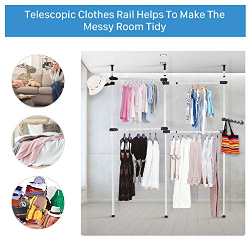 Adjustable Clothing Rack, Closet System Organizer and Storage Height Garment Closet Rack with Hooks DIY Coat Hanger Telescopic Hanging Clothes Garment Rack for Living Room, Bedroom