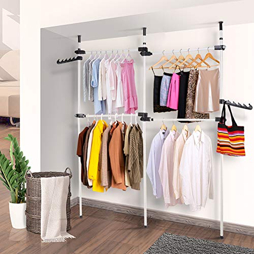 Adjustable Clothing Rack, Closet System Organizer and Storage Height Garment Closet Rack with Hooks DIY Coat Hanger Telescopic Hanging Clothes Garment Rack for Living Room, Bedroom