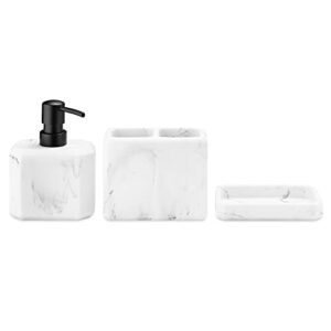 Navaris Bathroom Accessories Set - Liquid Soap Dispenser/Toothbrush Holder/Soap Dish - 3-Piece Toiletry Vanity Accessory Kit - Light Marble Effect