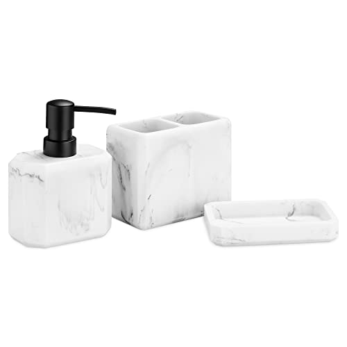 Navaris Bathroom Accessories Set - Liquid Soap Dispenser/Toothbrush Holder/Soap Dish - 3-Piece Toiletry Vanity Accessory Kit - Light Marble Effect