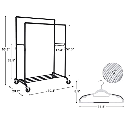 SONGMICS Industrial Pipe Clothes Rack Bundle with 50 Clothes Hangers, Rolling Garment Rack with Bottom Storage Shelf, Space-Saving Plastic Hangers with Tie Bars UHSR60B and UCRP20G50