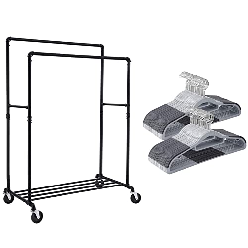 SONGMICS Industrial Pipe Clothes Rack Bundle with 50 Clothes Hangers, Rolling Garment Rack with Bottom Storage Shelf, Space-Saving Plastic Hangers with Tie Bars UHSR60B and UCRP20G50