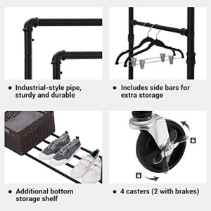 SONGMICS Industrial Pipe Clothes Rack Bundle with 50 Clothes Hangers, Rolling Garment Rack with Bottom Storage Shelf, Space-Saving Plastic Hangers with Tie Bars UHSR60B and UCRP20G50