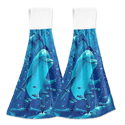 COOLDEER 2 PCS Dolphin Blue Kitchen Hand Towels Fast Dry Hanging Tie Towels Absorbent Soft Coral Velvet Dish Wipe Cloth for Kitchen Bathroom Use