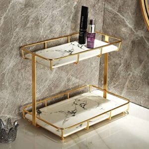 dobbyby bathroom organizer countertop perfume organizer makeup organizer cosmetics storage display rack 2 tier vanity tray dresser stainless steel gold shelf white marble print ceramic tray l