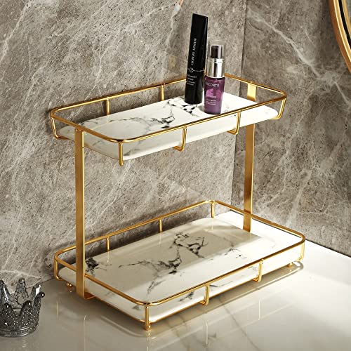 Dobbyby Bathroom Organizer Countertop Perfume Organizer Makeup Organizer Cosmetics Storage Display Rack 2 Tier Vanity Tray Dresser Stainless Steel Gold Shelf White Marble Print Ceramic Tray L