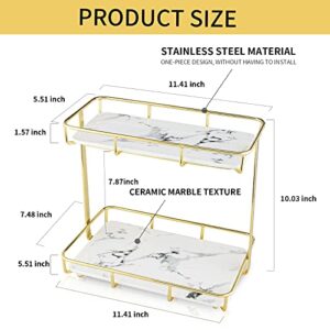 Dobbyby Bathroom Organizer Countertop Perfume Organizer Makeup Organizer Cosmetics Storage Display Rack 2 Tier Vanity Tray Dresser Stainless Steel Gold Shelf White Marble Print Ceramic Tray L