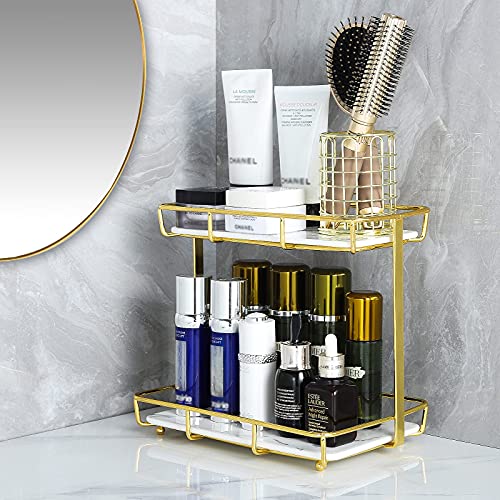 Dobbyby Bathroom Organizer Countertop Perfume Organizer Makeup Organizer Cosmetics Storage Display Rack 2 Tier Vanity Tray Dresser Stainless Steel Gold Shelf White Marble Print Ceramic Tray L