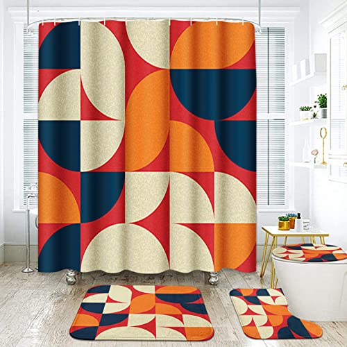 4 Pcs Shower Curtain Set Orange Circular Geometry Abstract Art Shower Curtain with Non-Slip Rugs,Toilet Lid Cover and Bath Mat,Bathroom Sets Decorations 72" x 72"