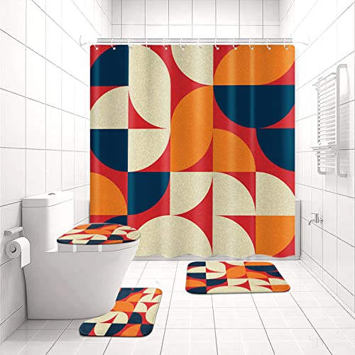 4 Pcs Shower Curtain Set Orange Circular Geometry Abstract Art Shower Curtain with Non-Slip Rugs,Toilet Lid Cover and Bath Mat,Bathroom Sets Decorations 72" x 72"