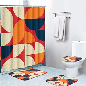 4 Pcs Shower Curtain Set Orange Circular Geometry Abstract Art Shower Curtain with Non-Slip Rugs,Toilet Lid Cover and Bath Mat,Bathroom Sets Decorations 72" x 72"